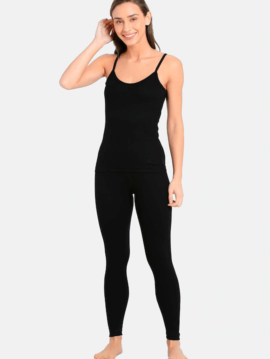 Women Black Solid Thermal Spaghetti Top
